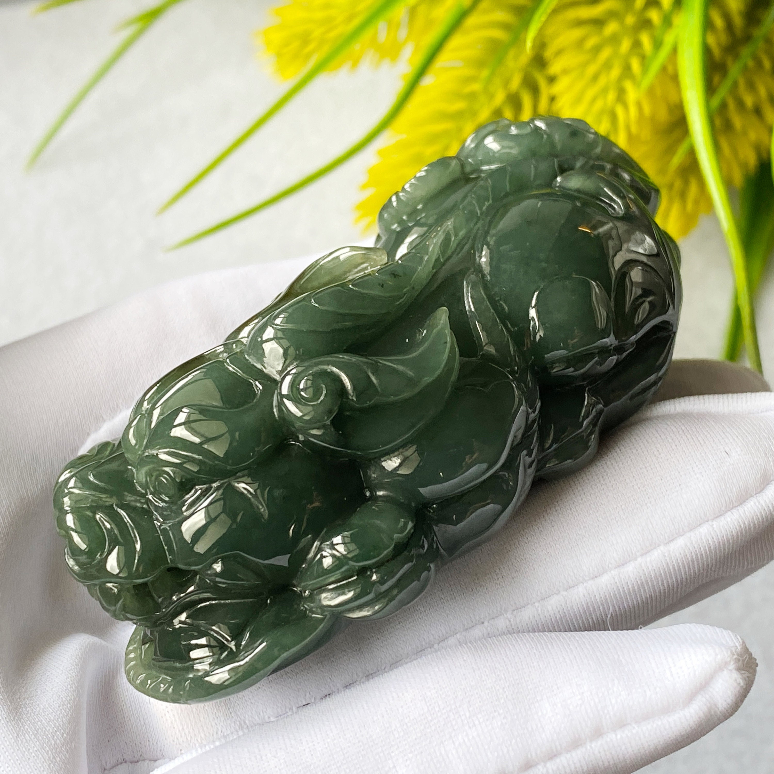 Oily Green Jadeite Hand Big Prosperous Gold Coins Pixiu Display ...