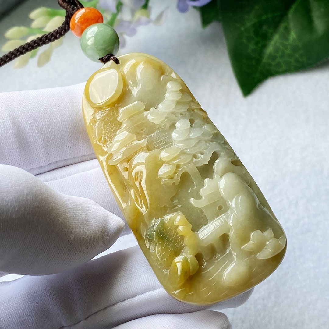 Waxy Yellow Jadeite Scenic Mountain Jadeite Pendant 糯种黄翡山水牌翡翠吊坠 ...