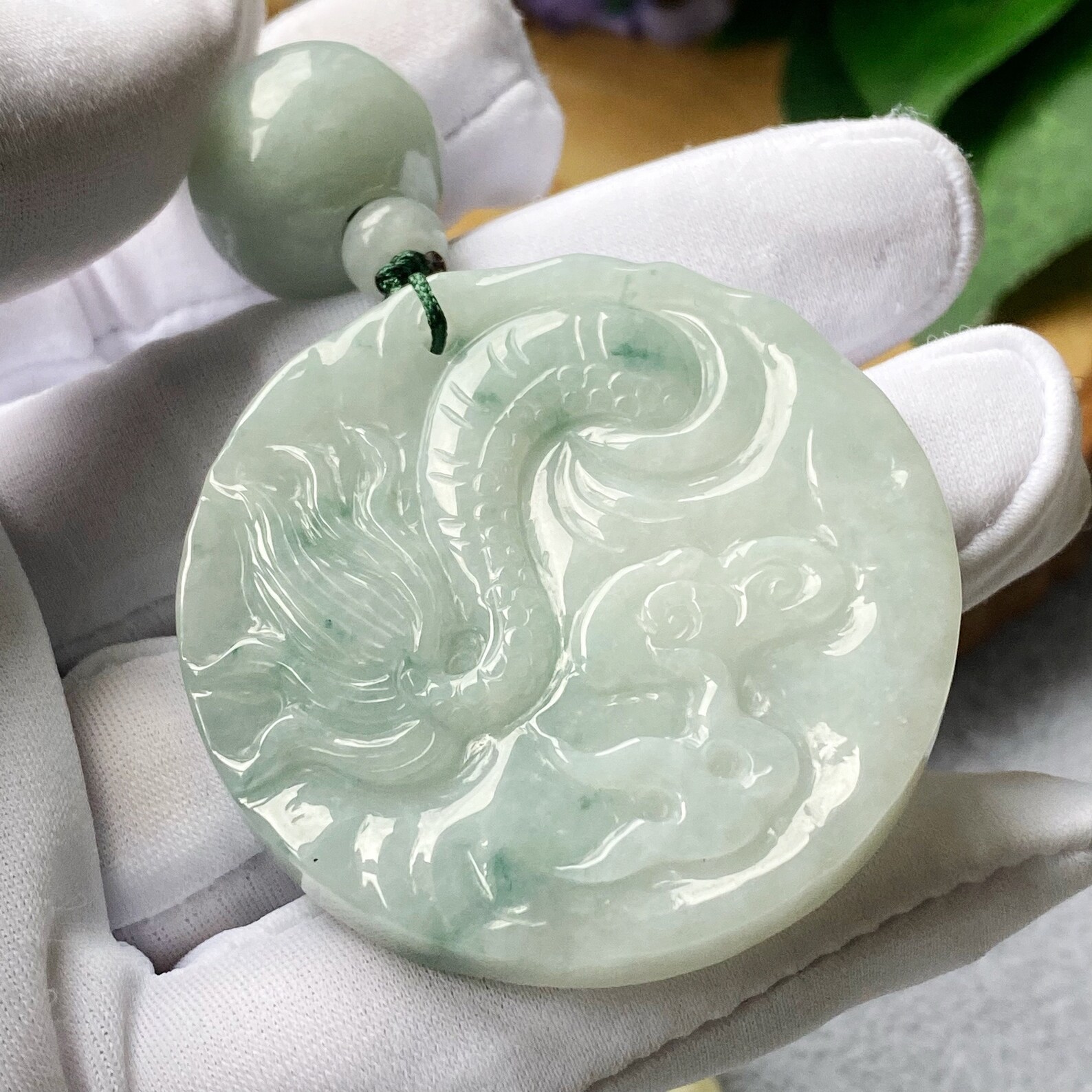 Waxy White Base With Floating Green Flowers Specks 2 Sides Carving ...