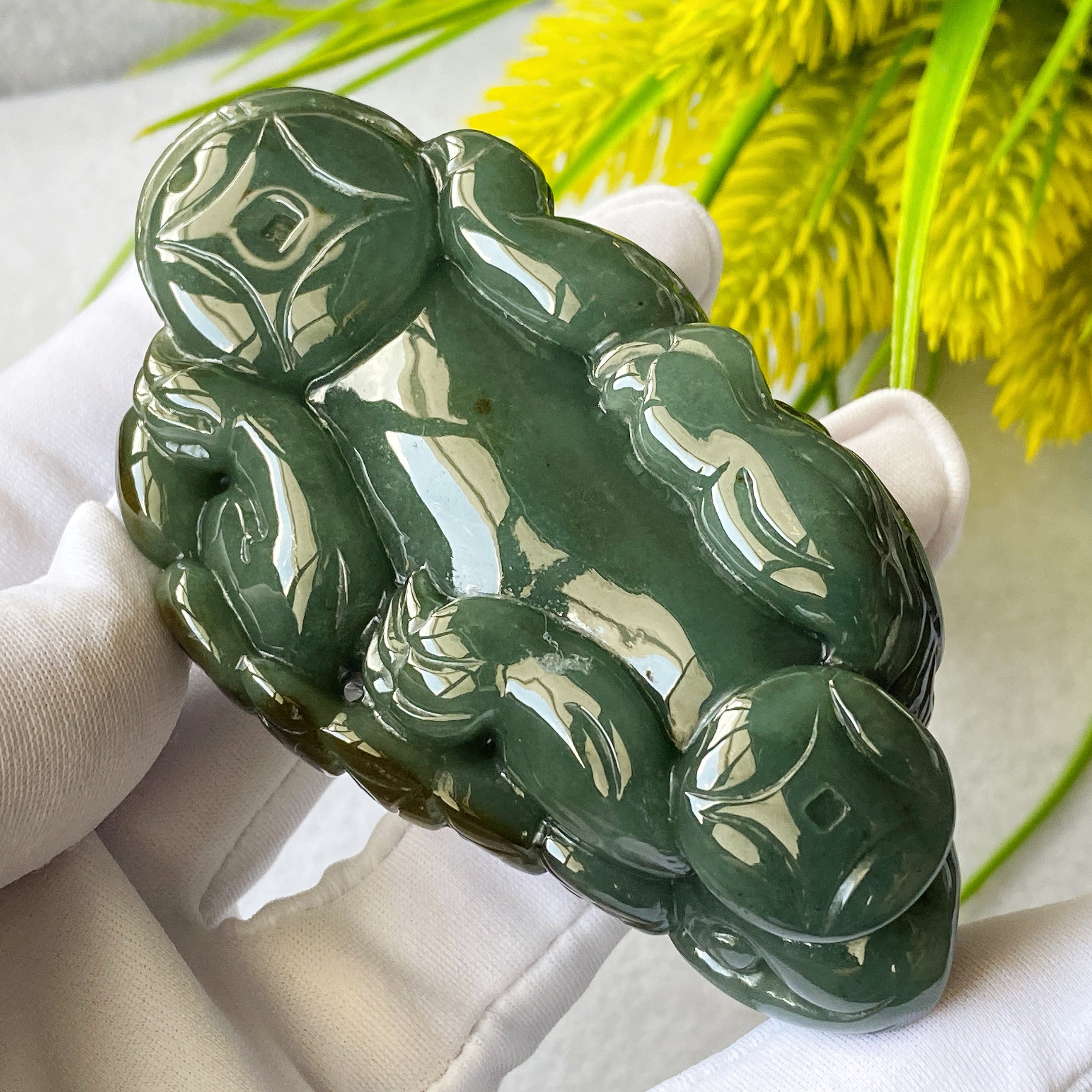 Oily Green Jadeite Hand Big Prosperous Gold Coins Pixiu Display ...
