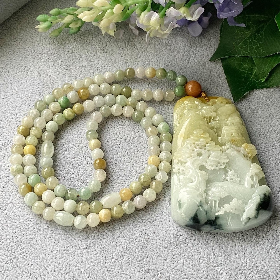 Waxy Triple Colours Mountain Scenic Big Jadeite Pendant With Jadeite ...