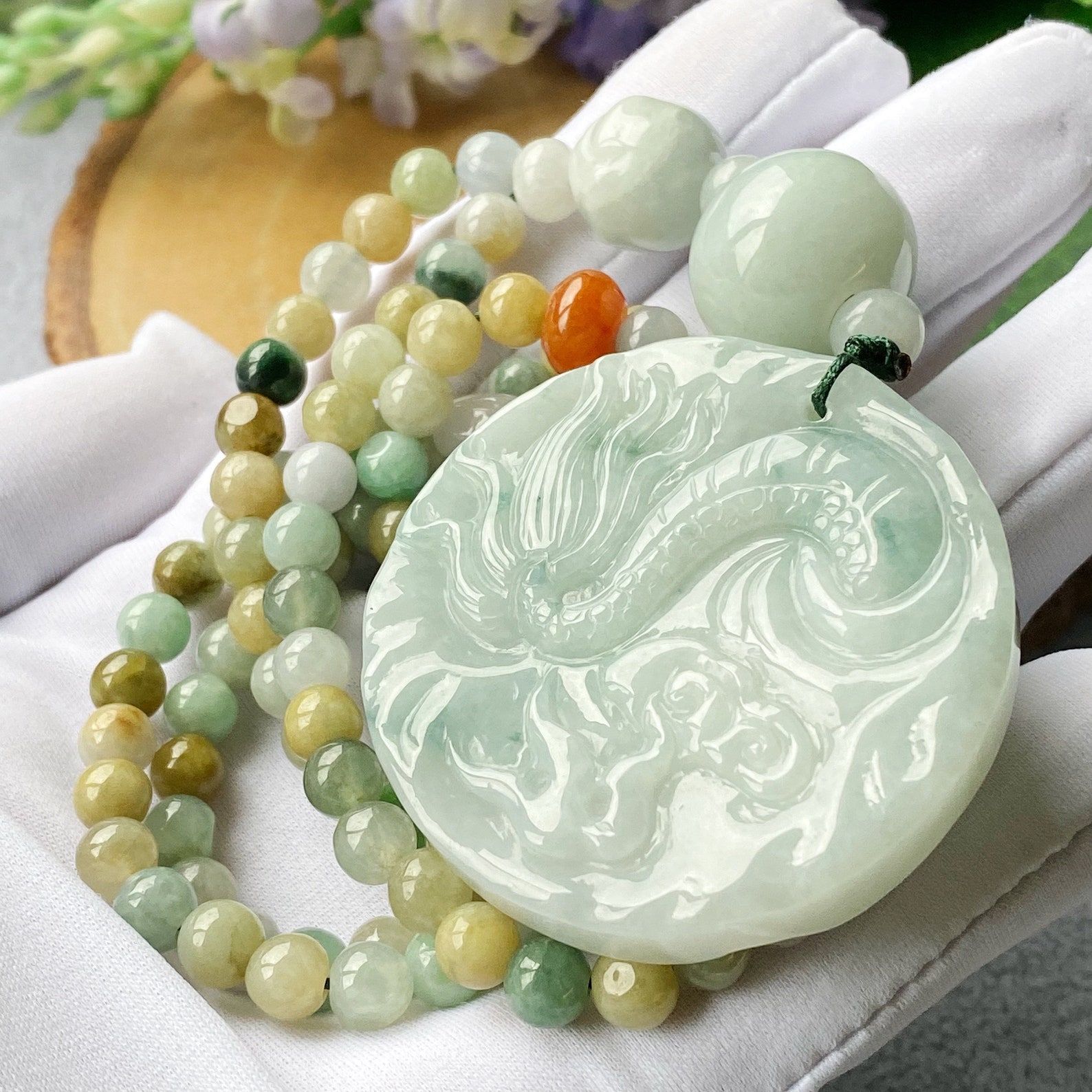 Waxy White Base With Floating Green Flowers Specks 2 Sides Carving ...