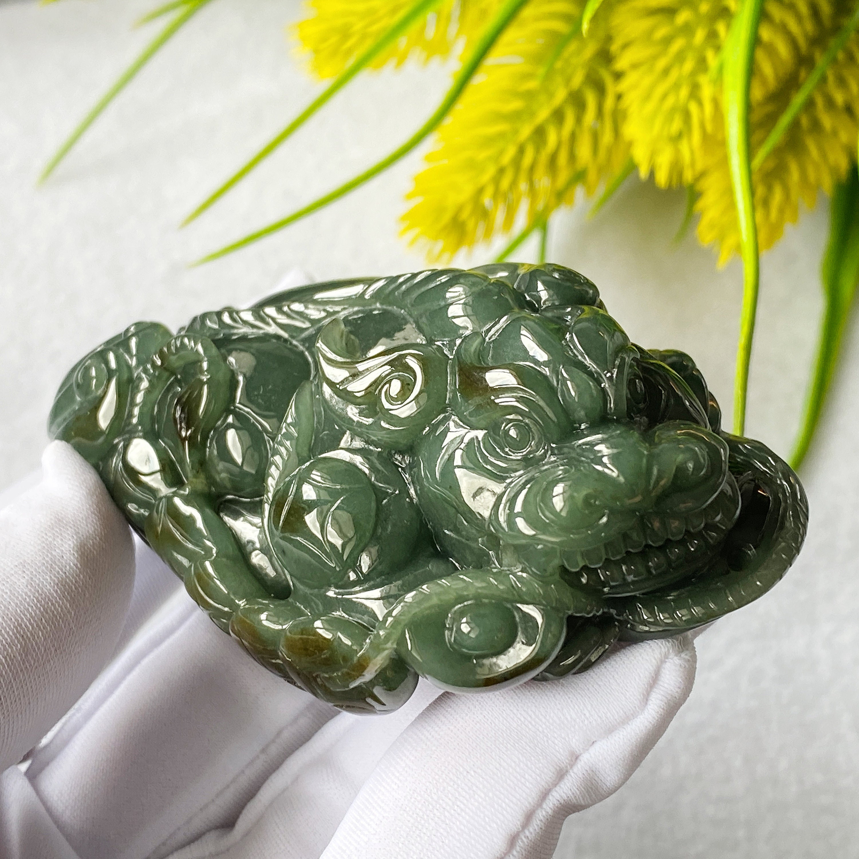 Oily Green Jadeite Hand Big Prosperous Gold Coins Pixiu Display ...