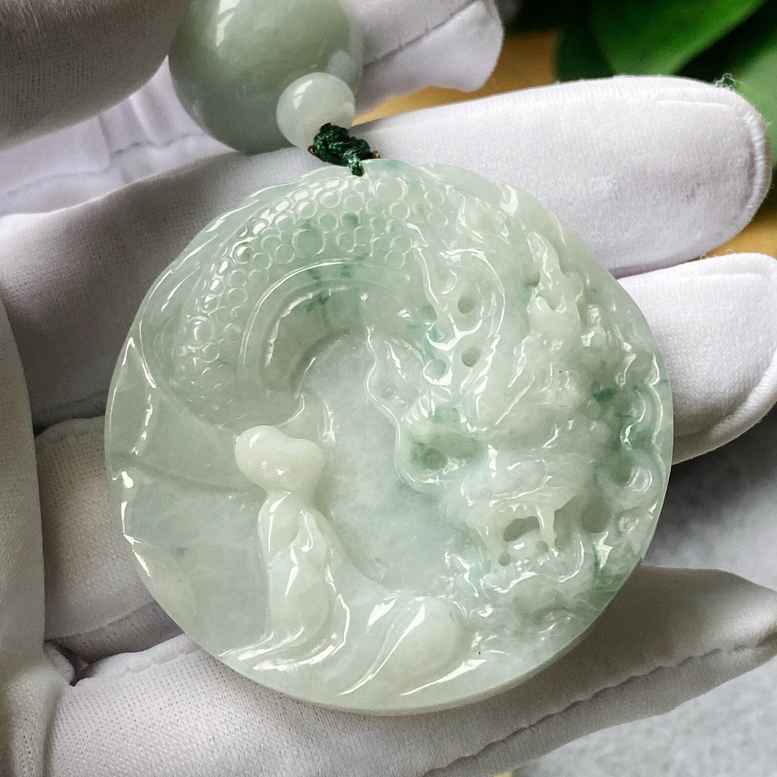 Waxy White Base With Floating Green Flowers Specks 2 Sides Carving ...