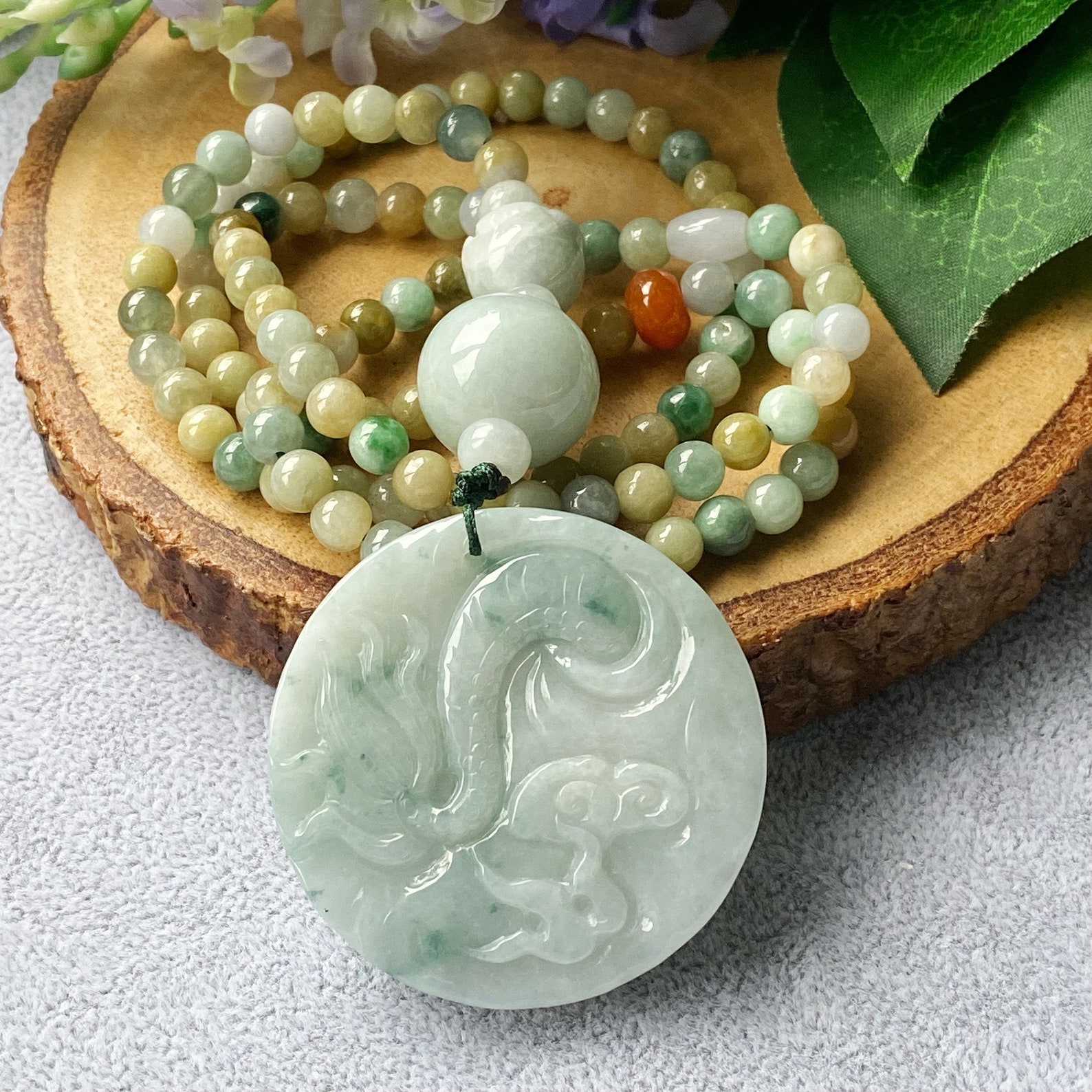Waxy White Base With Floating Green Flowers Specks 2 Sides Carving ...