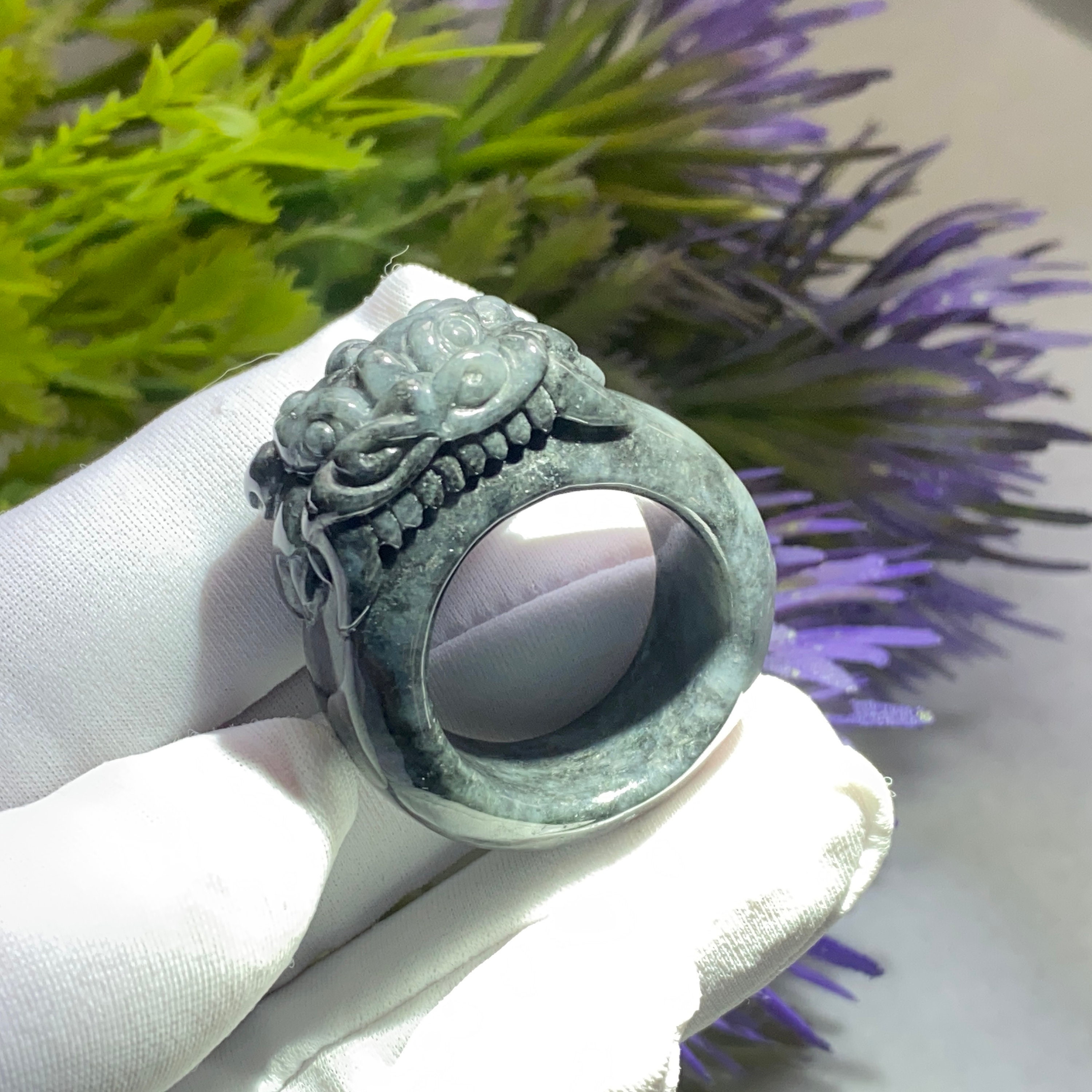 Ash Grey Black Chicken Animal Head Thick Jadeite Ring 烟灰乌鸡兽头大翡翠戒圈 ...