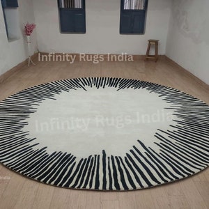 Round Rug, Abstract Round Carpet, White Round Rug Tufted Wool Circle ...