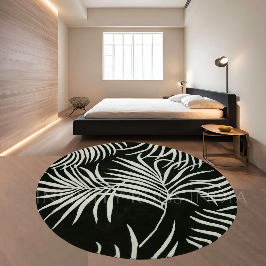 Black Round Area Rug Woolen Leaf Design Carpet Authentic Wool Rug ...