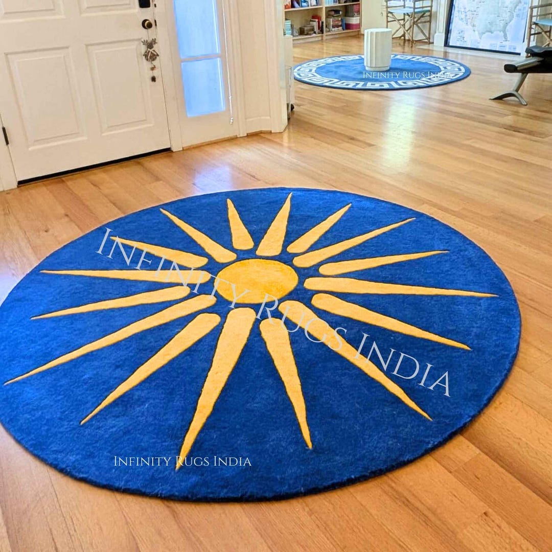 Blue Round Rug, Tufted Area Wool Carpet Abstract Round Carpet, Tufted ...