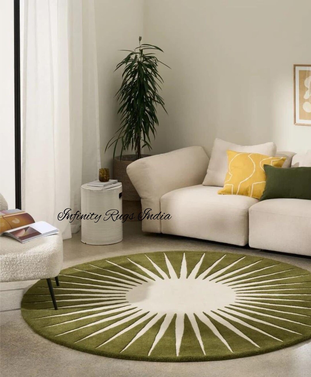 Green Round Rug for Bedroom / Soft Thick Woolen Pile Carpet for Indoor ...
