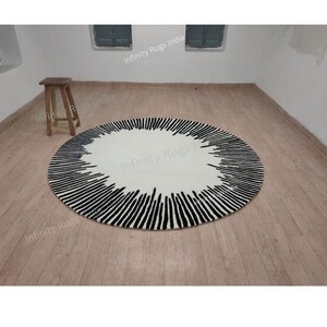 Round Rug, Abstract Round Carpet, White Round Rug Tufted Wool Circle ...