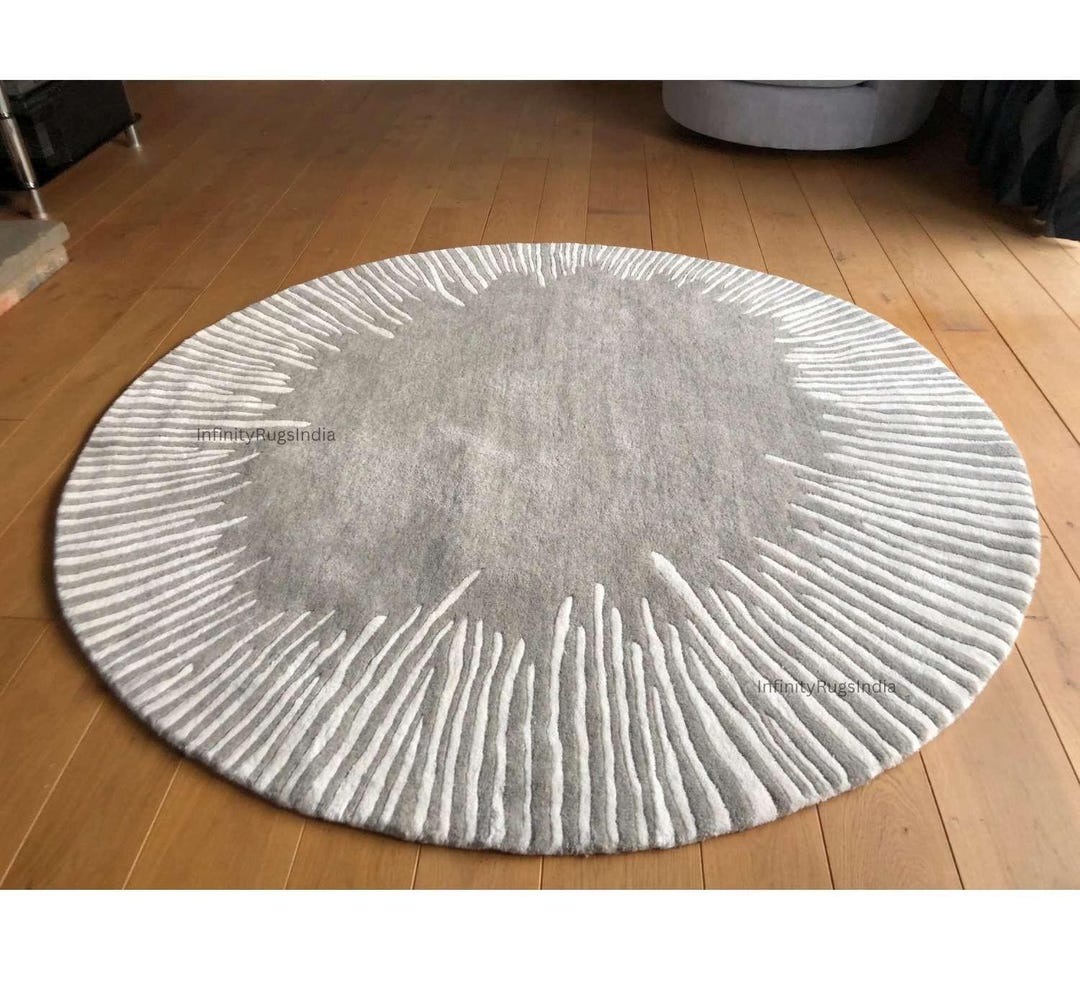 Handmade Tufted Wool Round Rug: Grey Abstract Circle Carpet - Etsy