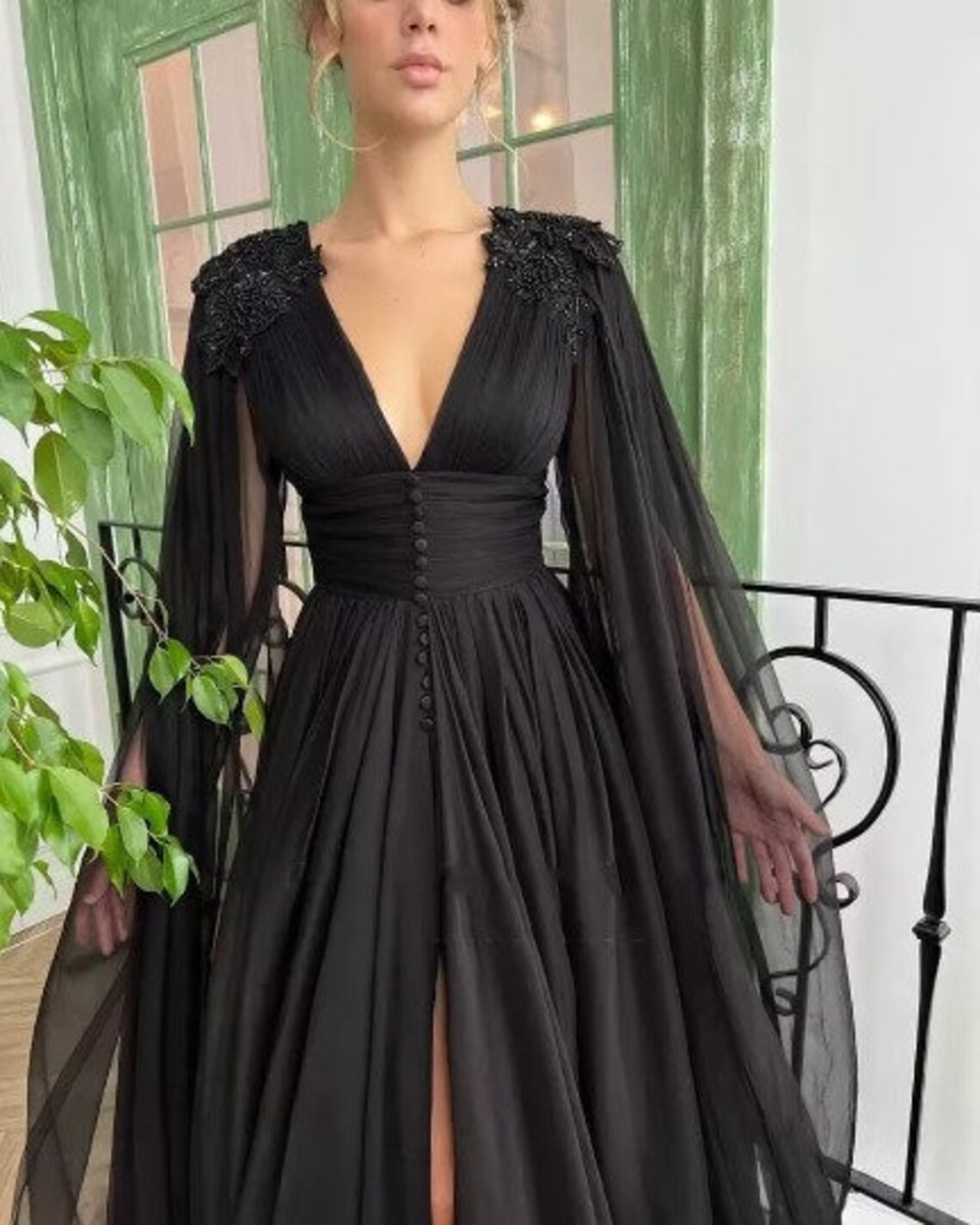 Black Chiffon Dress With High Slit Long Sleeves Evening - Etsy