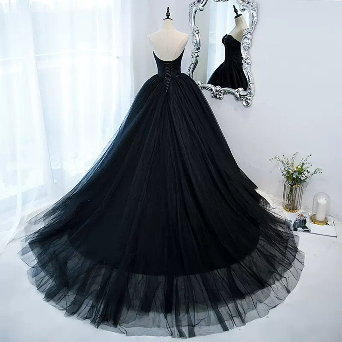 Black Bridal Ballgown With Satin Bodice Fluffy Tulle Skirt - Etsy