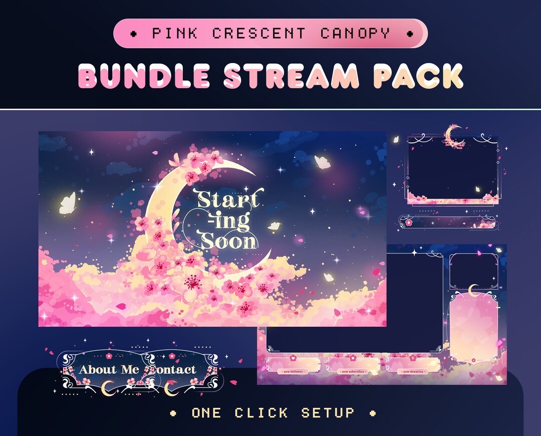 Pink Crescent Canopy Stream Pack for Twitch, Kick, Youtube/aesthetic Overlay Bundle/animated ...