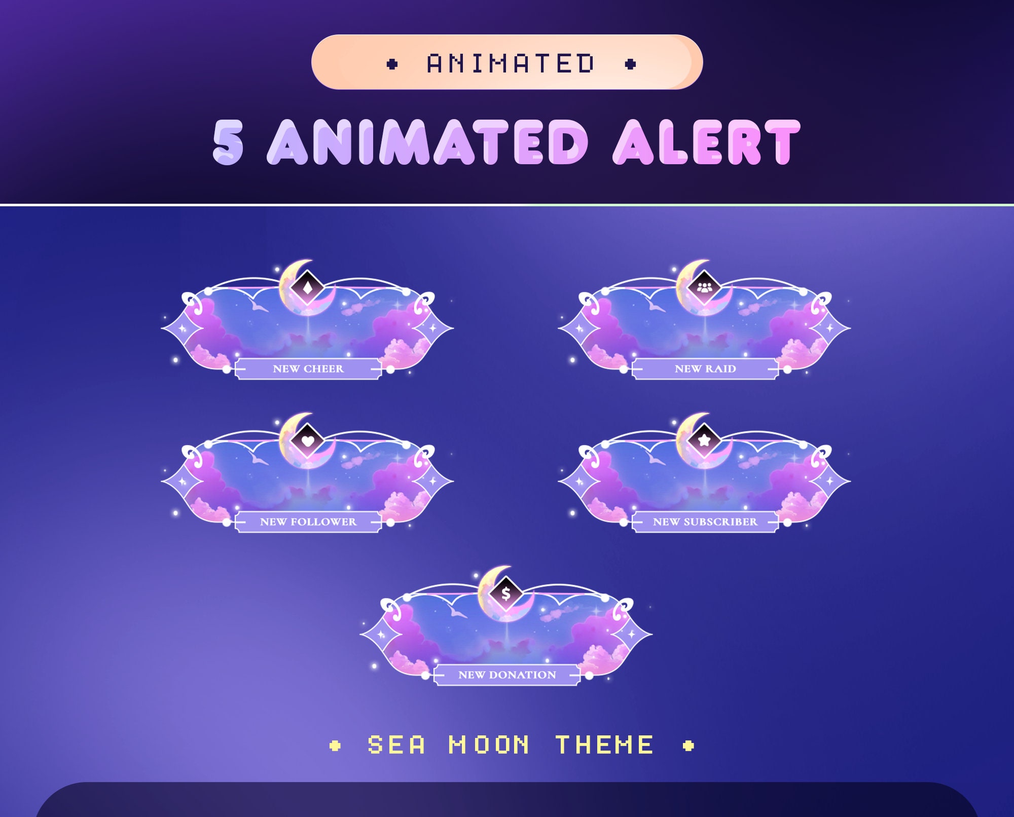Alerta animada Cloud Moon para Twitch, Kick, Youtube/Purple Overlay ...