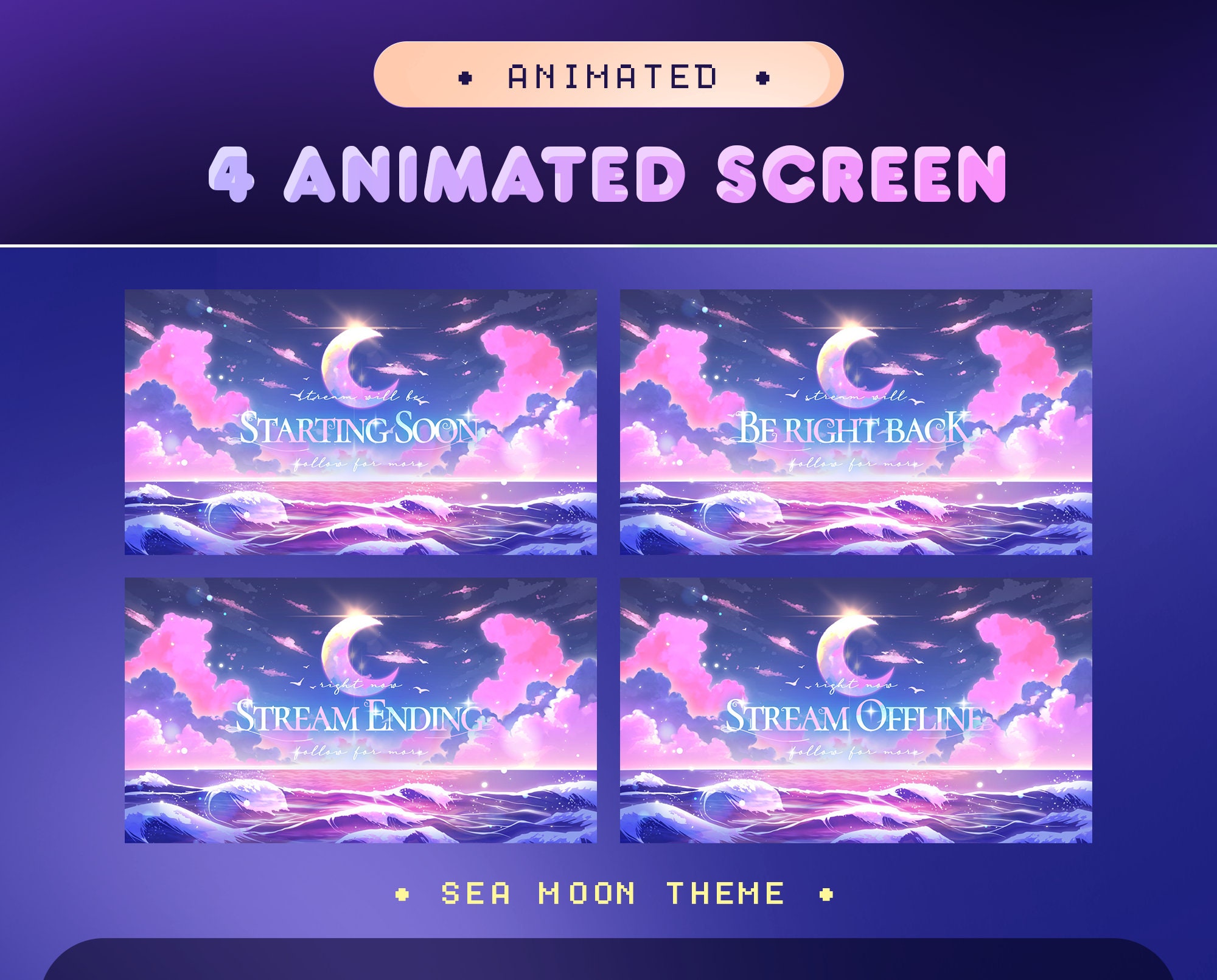 Animated Screen Cloud Moon for Twitch, Kick, Youtube/purple Overlay ...