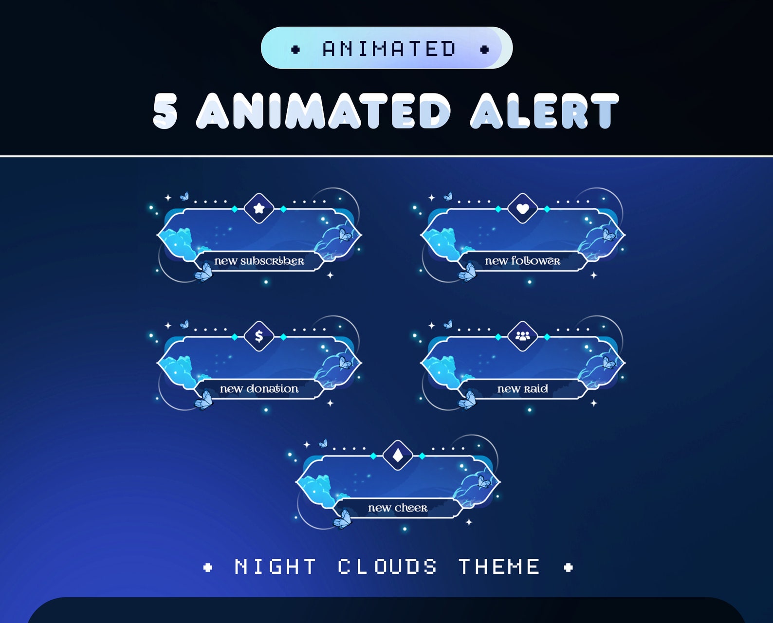 Animated Cozy Blue Celestial Stream Alerts: Night Clouds for Twitch and ...