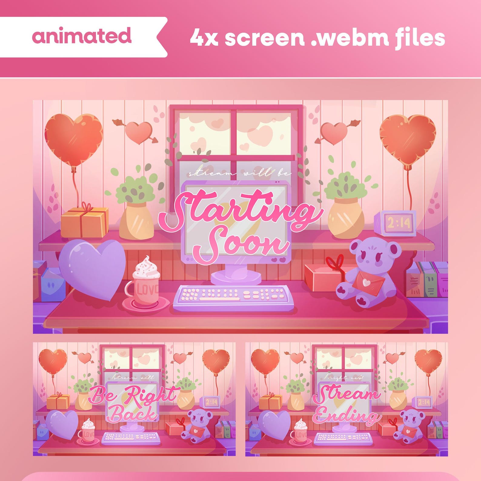Animated Loveletter Desk Stream Screens: Pastel Pink Kawaii for Twitch ...