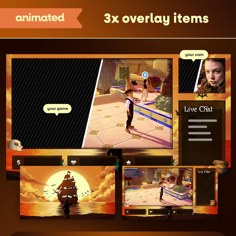 Animated Golden Sunset Pirate Stream Overlay: Legend of Seas Theme for ...