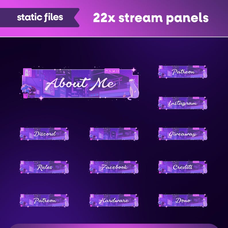 Animated Neon City Stream Overlay: Kawaii Cat Purple Cyberpunk for ...