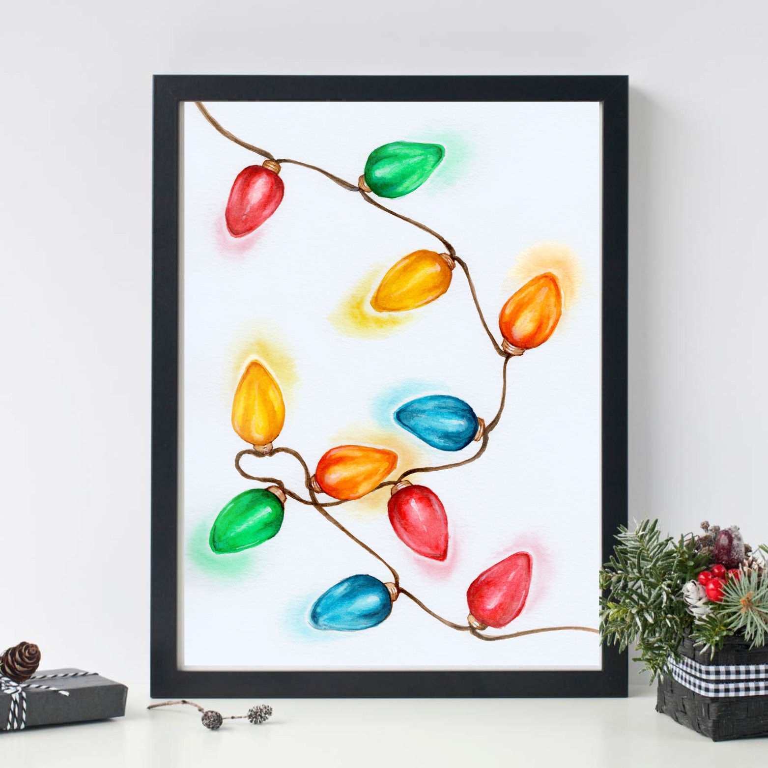 Christmas Lights Watercolor Art Print | Holiday Wall Decor, Christmas ...