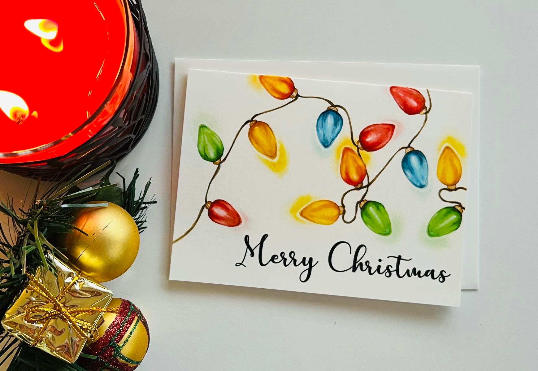 Christmas Lights Card | Watercolor Christmas Lights, Christmas Bulbs ...