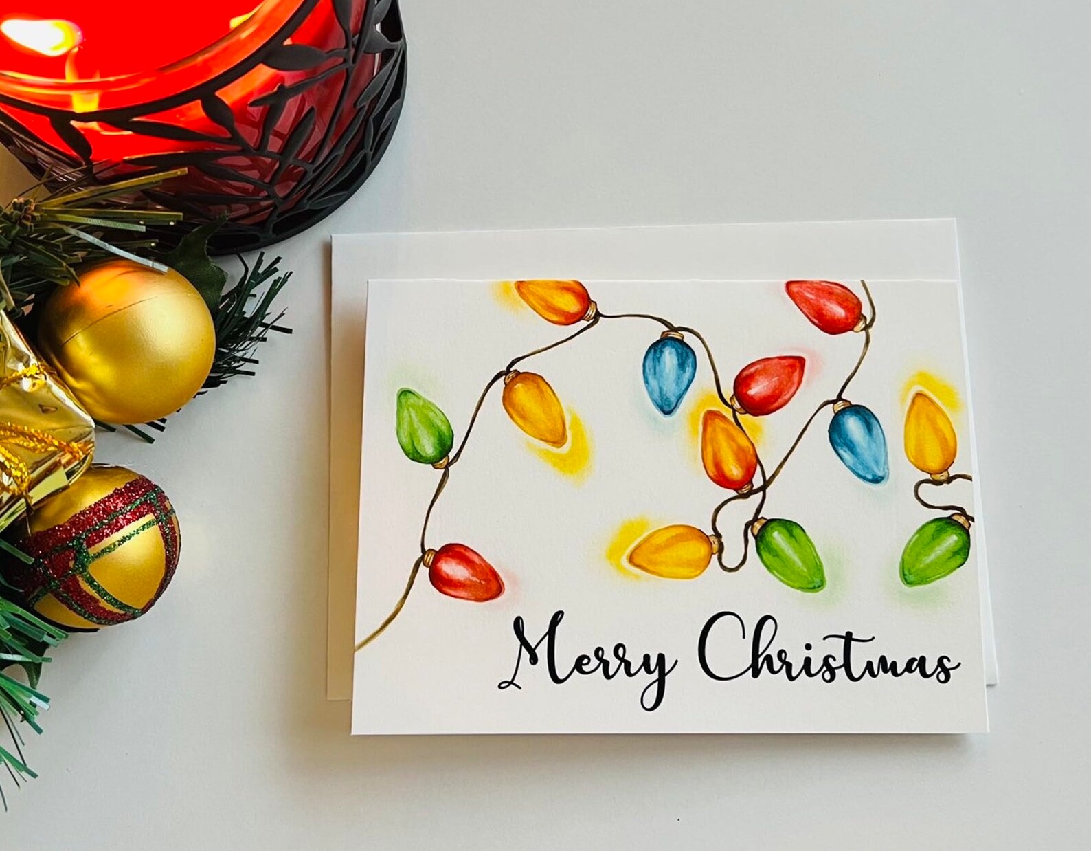 Christmas Lights Card | Watercolor Christmas Lights, Christmas Bulbs ...