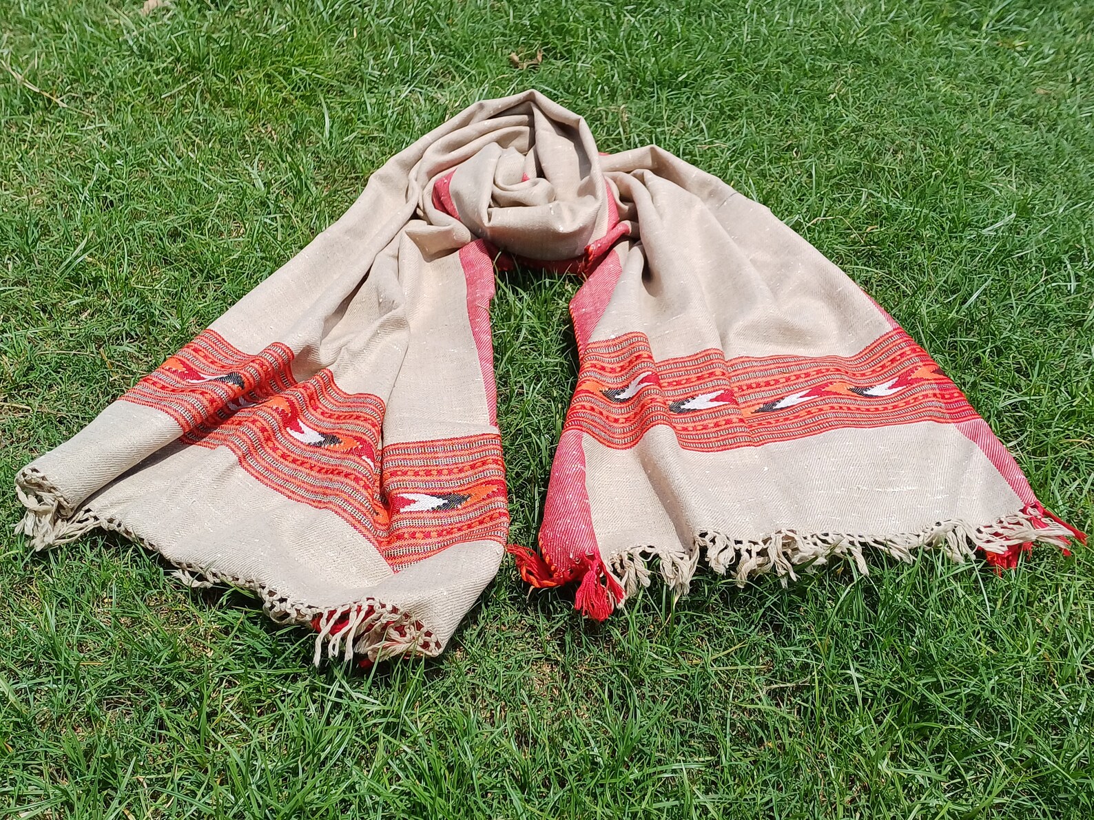 Light Beige Traditional Handwoven Embroidered Himalayan Woolen Scarf ...