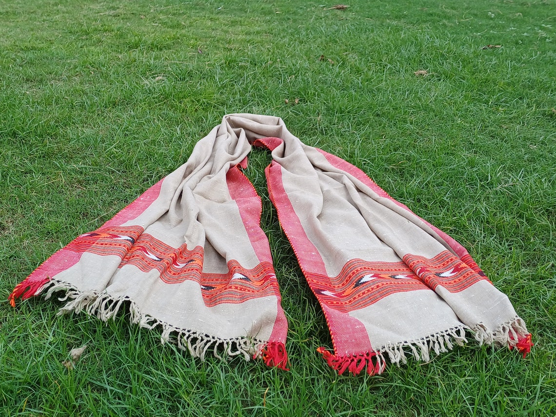 Light Beige Traditional Handwoven Embroidered Himalayan Woolen Scarf ...