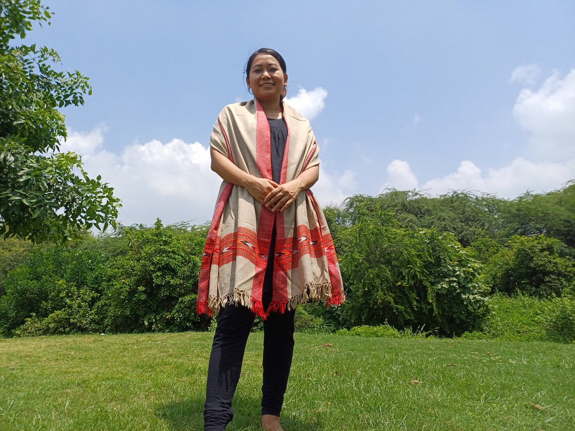 Light Beige Traditional Handwoven Embroidered Himalayan Woolen Scarf ...