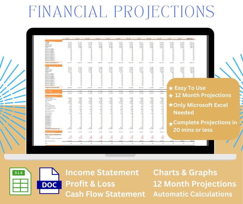 Financial Projections Spreadsheet for Start up Business - 12 Month ...