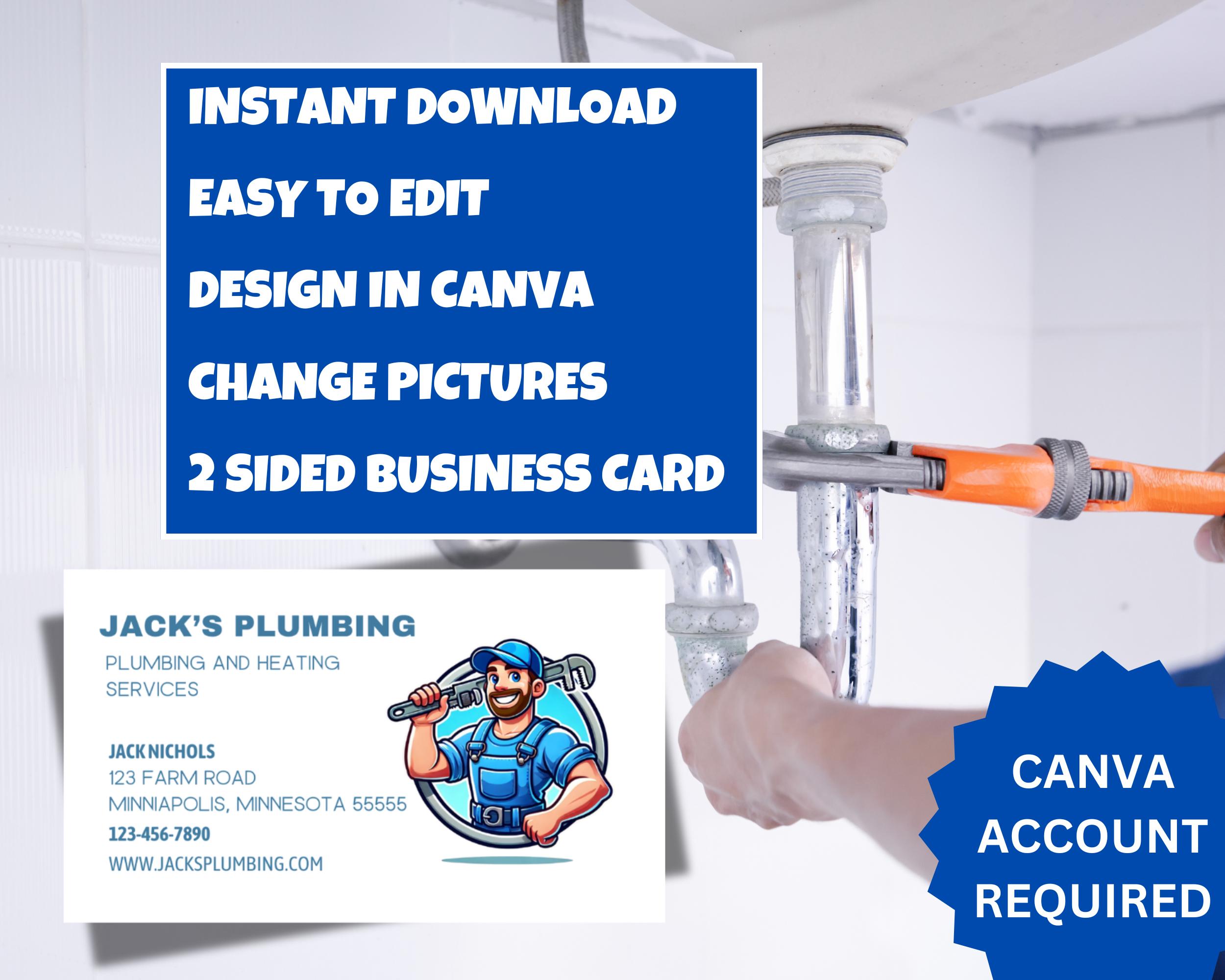 Business Card Template for Plumbing Business Canva Instant Download for ...