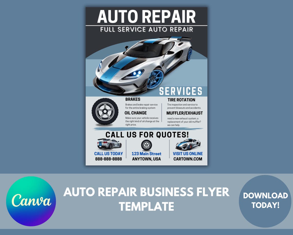 Auto Repair Flyer Template, Mechanic Shop Design (DIY Canva) - Etsy