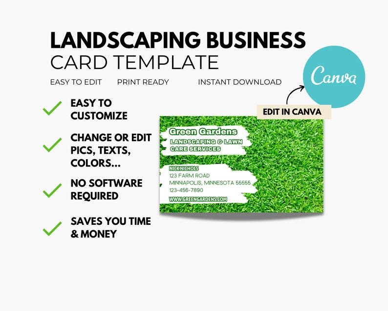 Lawn Care Business Card Template: Green Grass Design (canva Editable ...