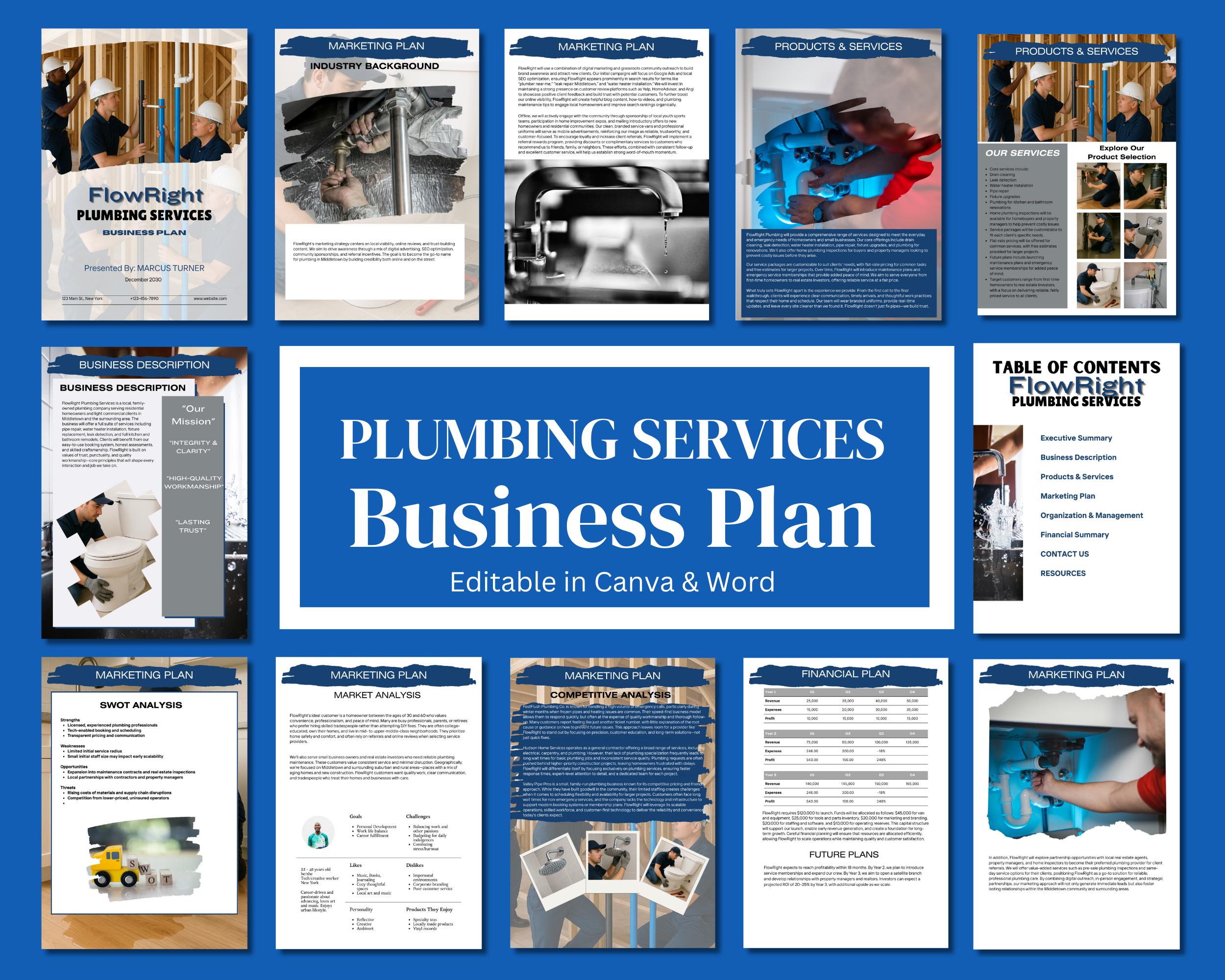 Plumbing Business Plan Template | Editable Canva & Word (instant Download) - Etsy