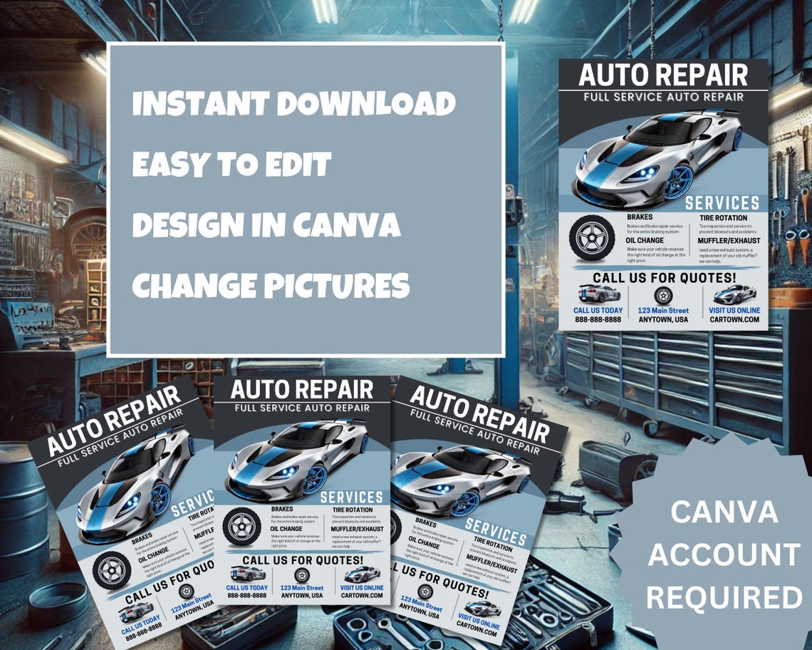 Auto Repair Flyer Template, Mechanic Shop Design (DIY Canva) - Etsy