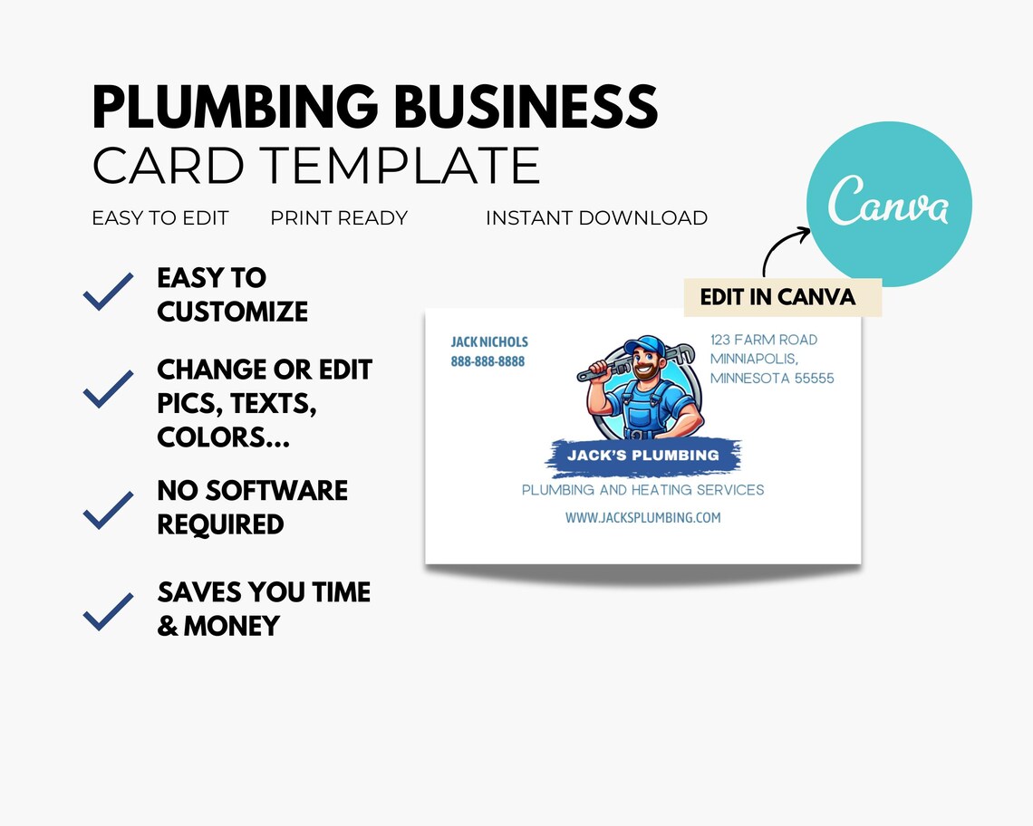 DIY Plumber Business Card Template for Canva 3 X 5 Downloadable ...