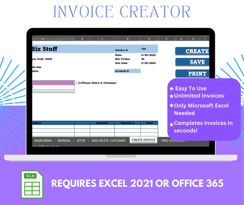 Invoice Template - Invoice Creator - Printable Invoice - Microsoft Excel - Automated Invoices ...