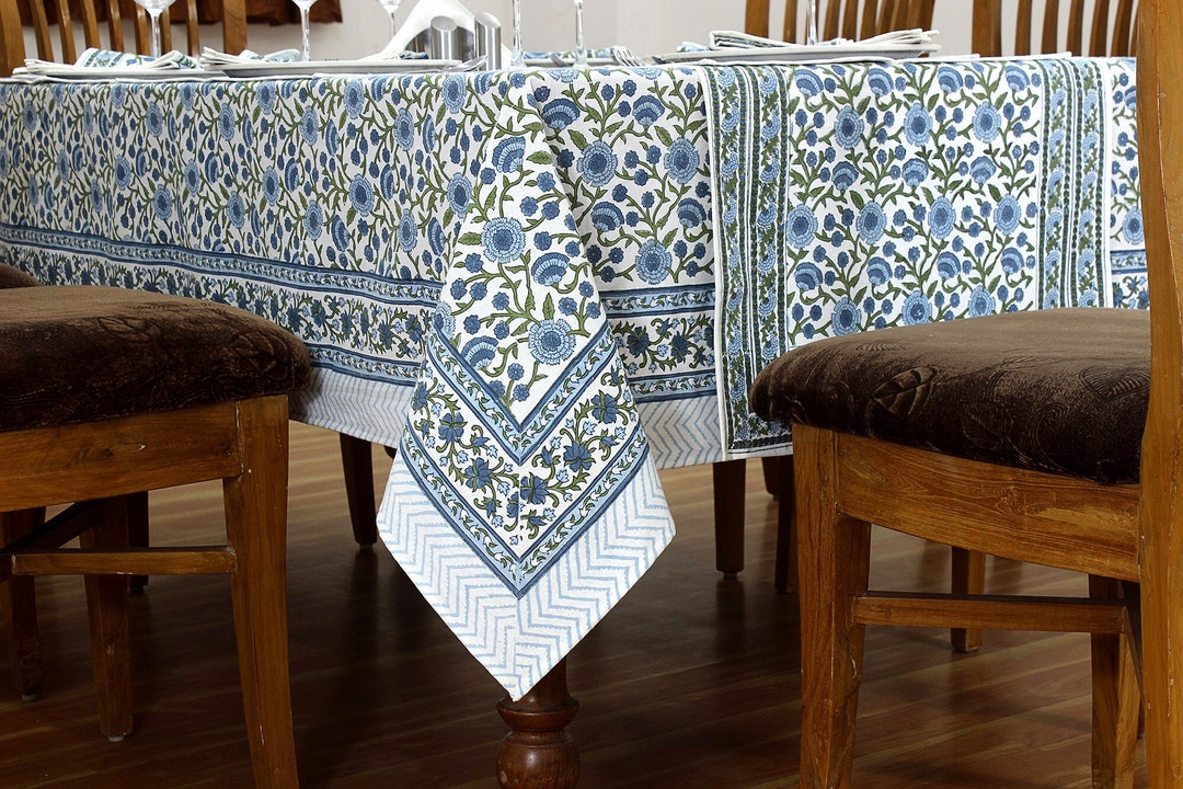 Dining Area Tablecloth, Indian Handmade Blue and White Table Covers ...