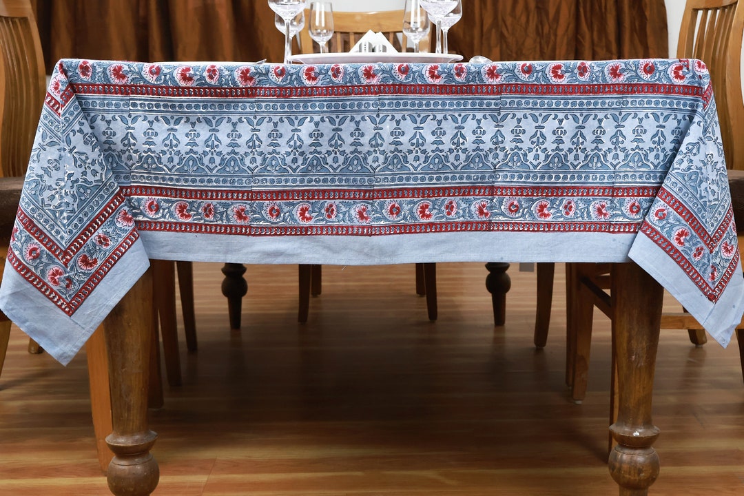 Handmade Table Cloth, Rectangle Table Top, Block Print Floral Cotton ...