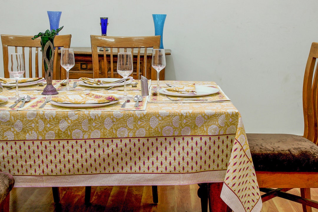 Yellow Beautiful Tablecloth, Hand Block Printed, Cotton Tablecloth ...