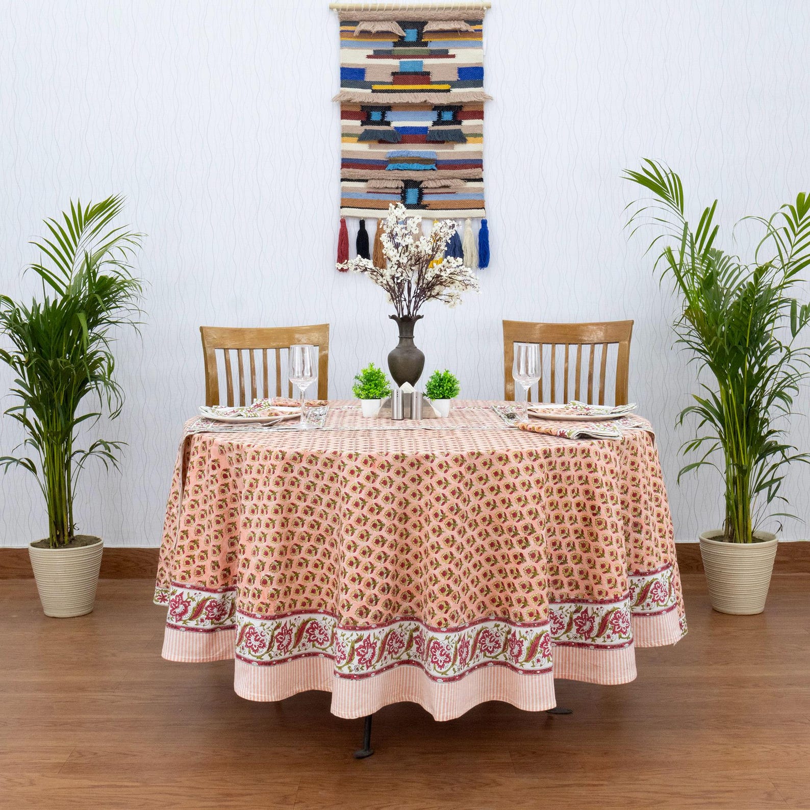 Homespuncraft, Floral Block Print Round Tablecloth - Orange Color ...