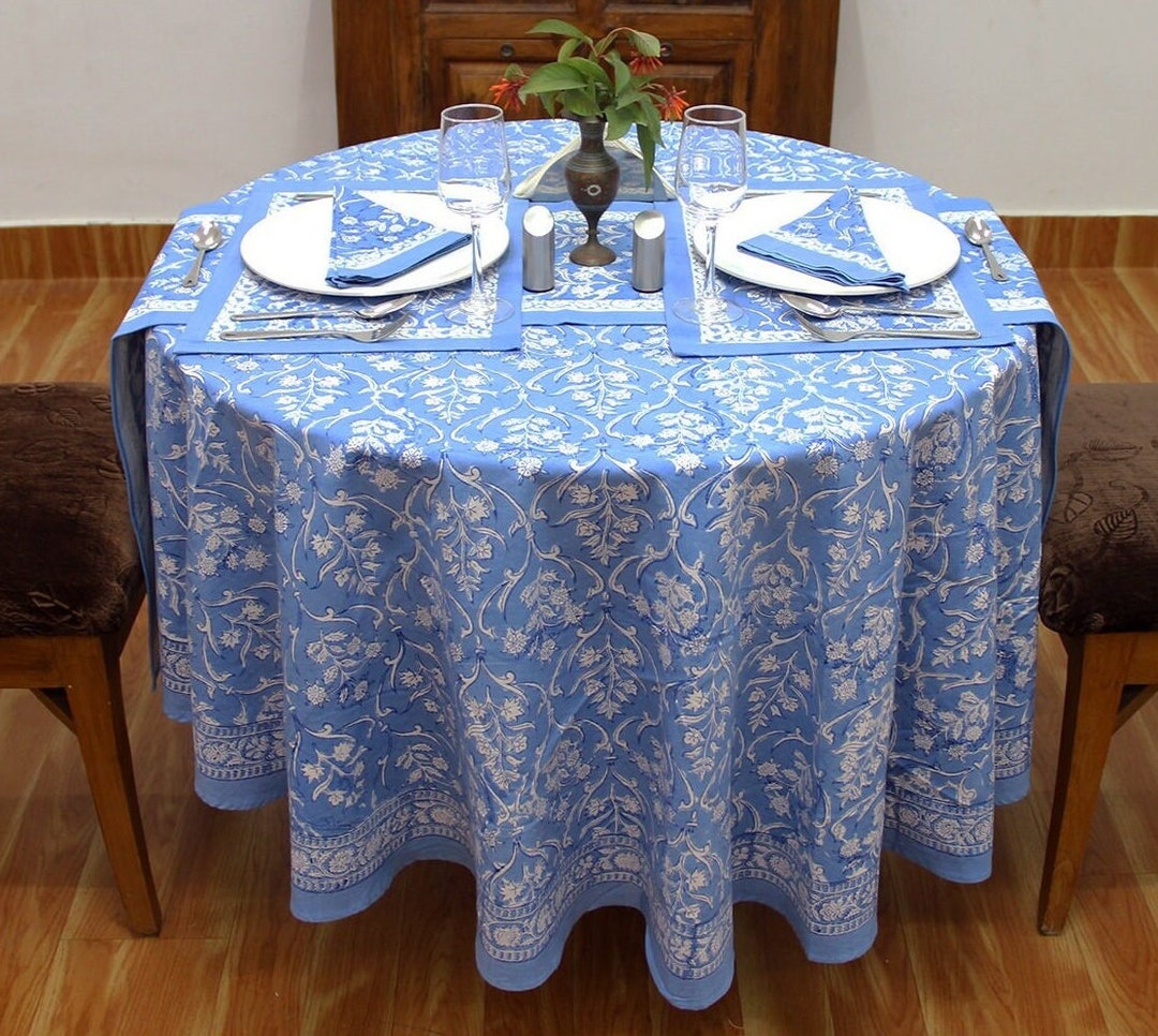 Sky Blue Round Tablecloth, Floral Table Linens, Cotton Table Cover ...