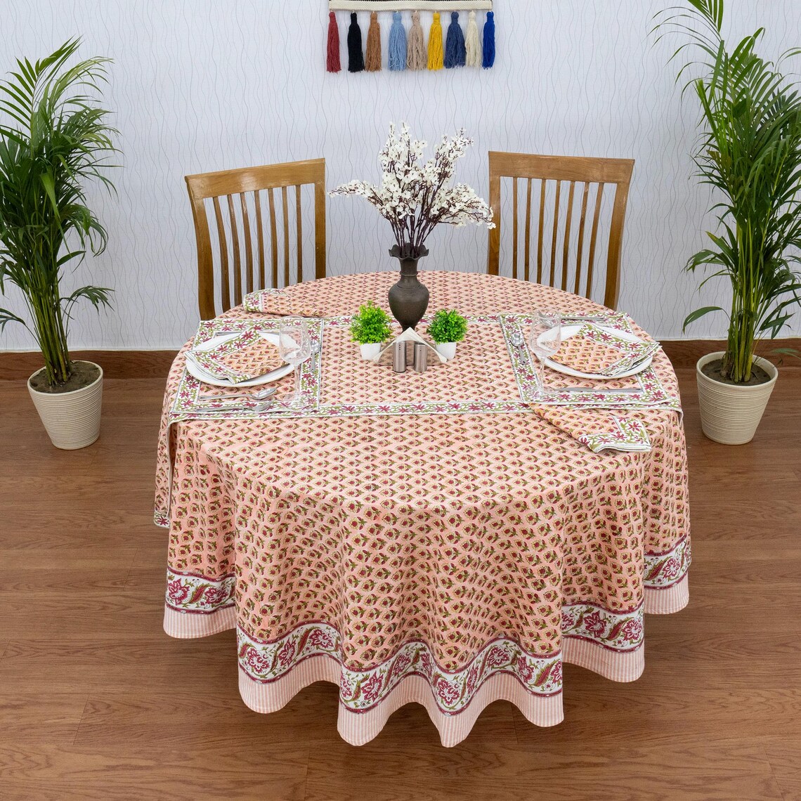 Homespuncraft, Floral Block Print Round Tablecloth - Orange Color ...