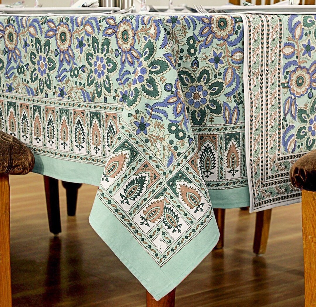 Tealish Blue and Green Florwer Indian Hand Block Printed Cotton ...