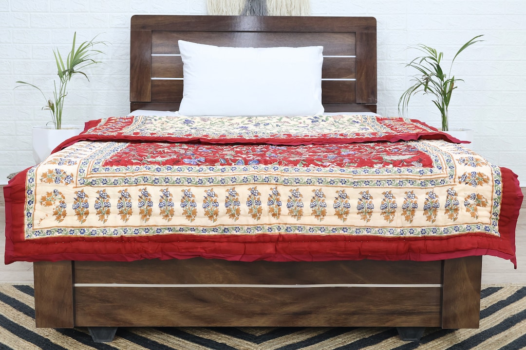 Red Multicolor Indian Hand Block Printed Cotton Quilts Reversible ...