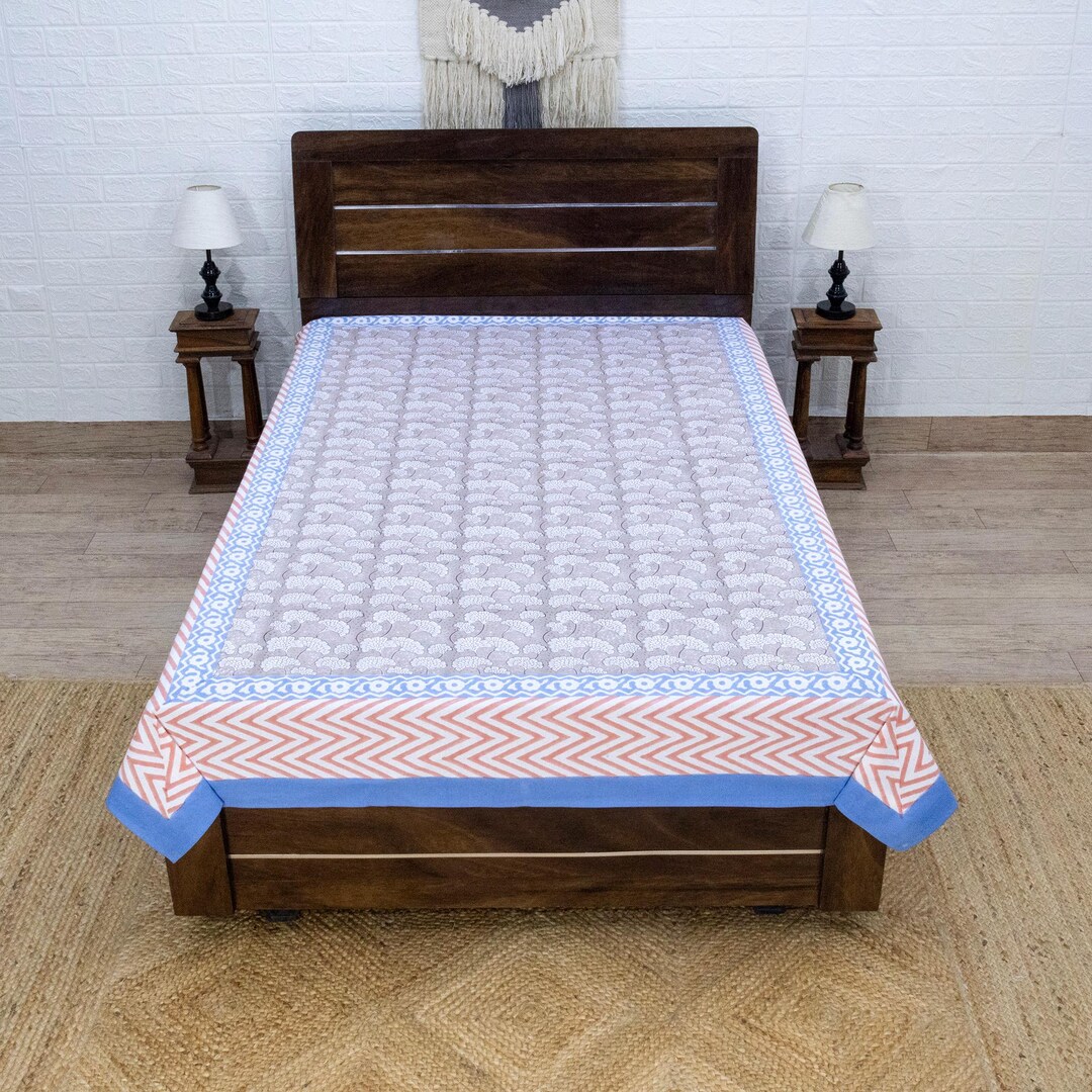 Gray and Blue Floral Hand Block Print Cotton Bedsheet, Festive ...