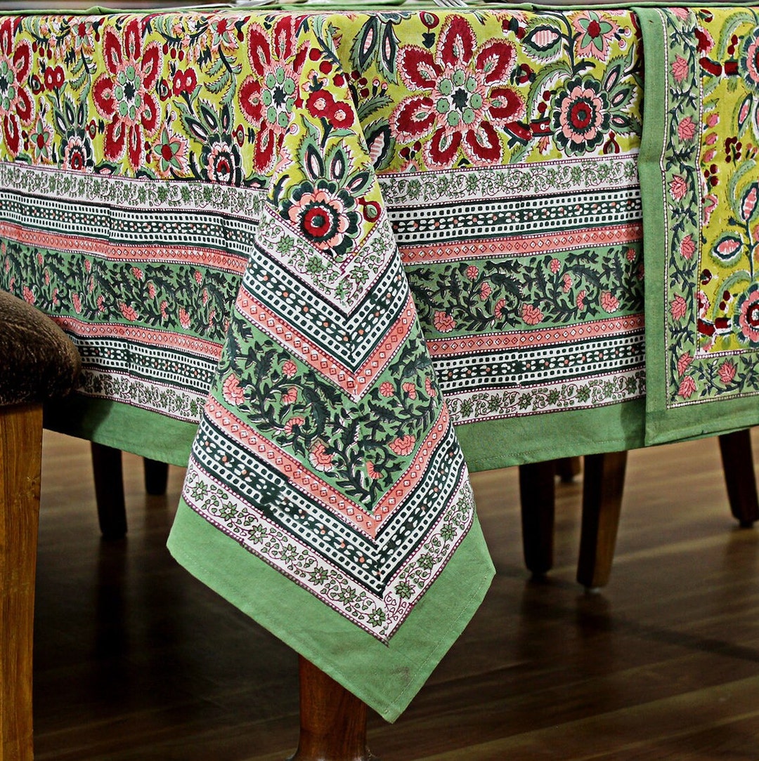 Red and Yellow Linens Table Cloth, Floral Block Printed Table Cloth ...