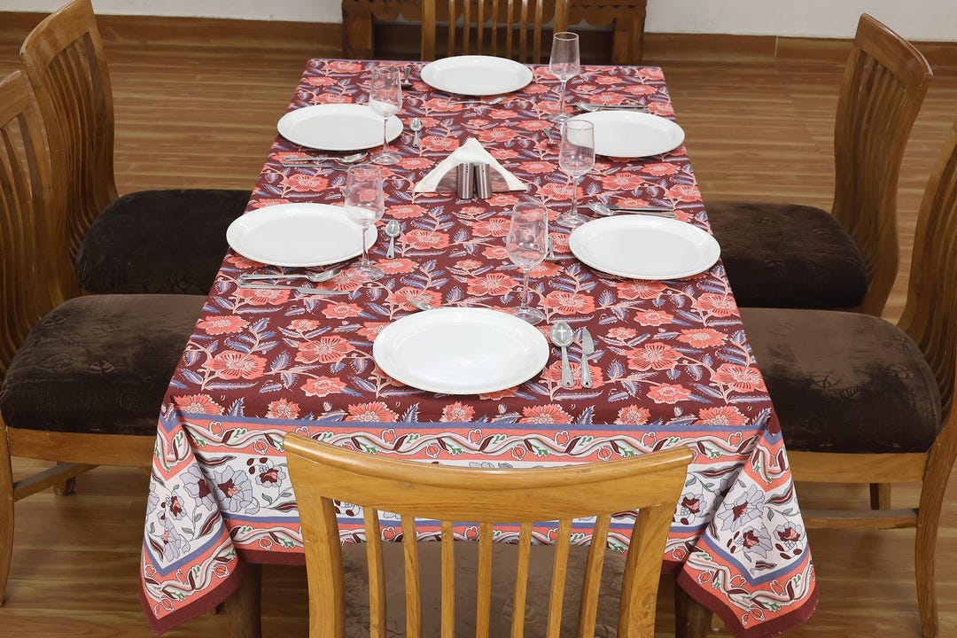 Coral Pink and Maroon Red Block Print Tablecloth,floral Print ...